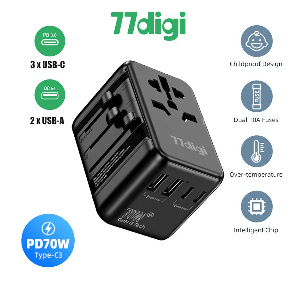 77digi 70W 3 Type-C + 2 USB All-in One Travel Adapter - Tech House